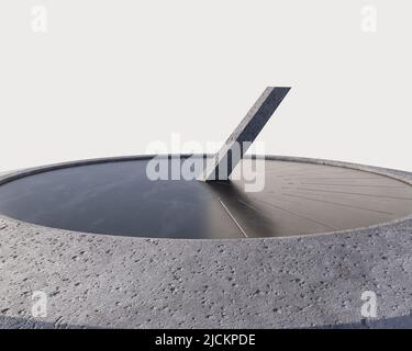 A modern round stone sundial with etched roman numerals standing an a ...