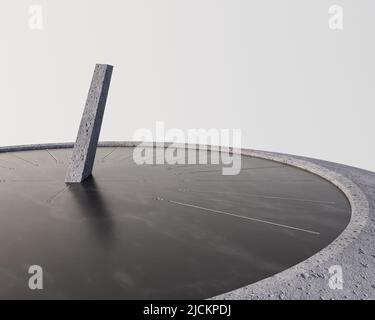 A modern round stone sundial with etched roman numerals standing an a ...