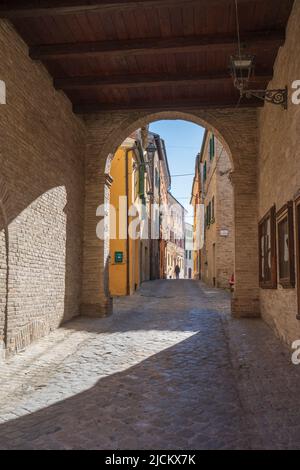 Via Circonvallazione street, Entrance to the Historic Center gate, San Marcello, Marche, Italy ...