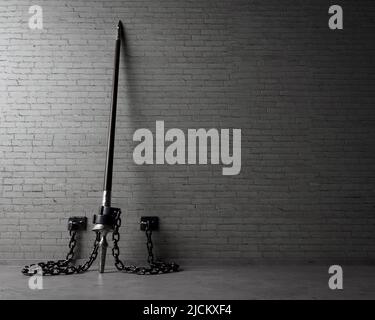 A play on words concept showing an upstanding medieval wooden lance ...