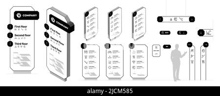 Wayfinding system signage mockup set. Exterior and interior way finding ...
