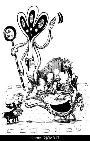 Black and white ink illustration of a strange alien creature Stock ...