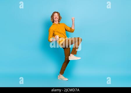 Full size photo of excited delighted girl raise fists celebrate success ...