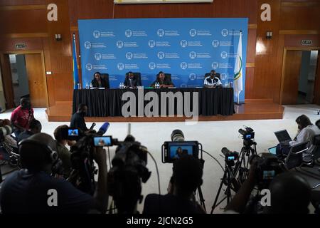 Yolande Makolo, spokeswoman for the Rwandan government, leads a press ...