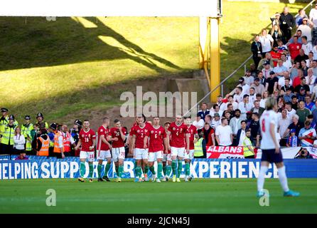 Hungary's Roland Sallai (left) celebrates scoring their side's first ...