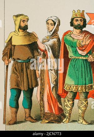 Middle Ages. France (year 900). From left to right: warrior, lady ...