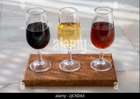 Tasting of Spanish sweet and dry fortified Vino de Jerez sherry wine ...