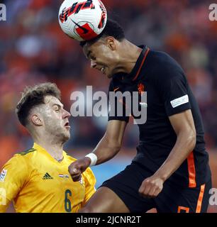 Cody Gakpo of the Netherlands heads the ball during the FIFA World Cup ...
