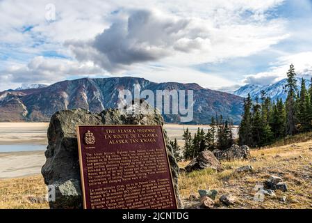 The Alaska Highway sign located at Destruction Bay, Haines Junction ...