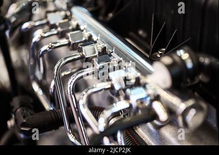 Thin pipes of high pressure pump of powerful diesel engine Stock Photo ...