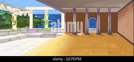 Antique terrace with sea view on a sunny summer day. Digital Painting ...