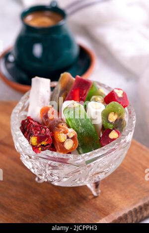 Turkish delight varieties in glass bowls. Traditional Turkish ...