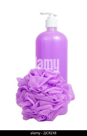 Violet shower gel bottle and sponge for bath isolated on the white ...