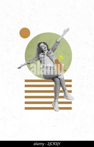 Vertical collage image of excited overjoyed girl dance pile stack book ...