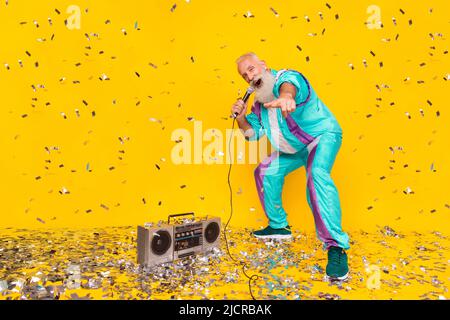 Full length photo of overjoyed satisfied person enjoy dancing have fun ...