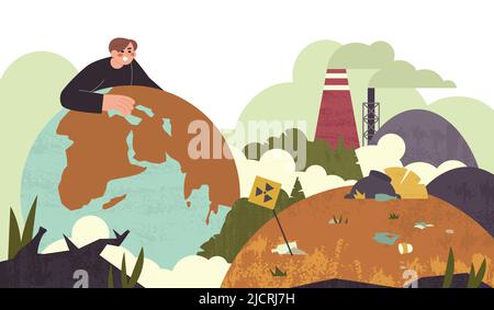 soil pollution by industrial production cartoon vector concept. Working ...