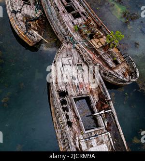 A drone shot of an abandoned ship on mossy green coast island by the ...