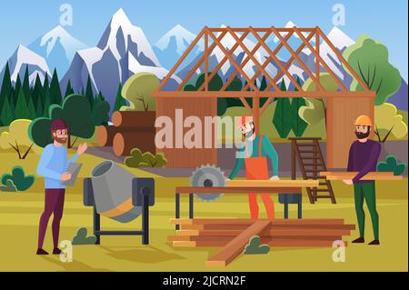 House construction site with workers cartoon illustration Stock Vector ...