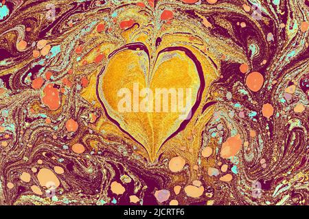 Ebru marbling background with heart shape Stock Photo - Alamy