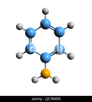 Aniline (phenylamine, aminobenzene) molecule. White skeletal formula on ...