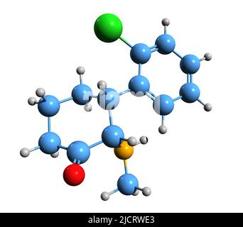 Ketamine. Chemical formula, molecular structure. 3D rendering isolated ...