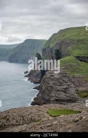 Sea cliffs close to Leitisvatn (Sørvágsvatn) lake, Vagar Island, Faroe ...