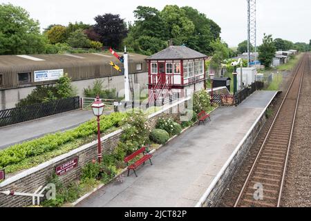 A nicely preserved signal box at Settle station that is manned ...