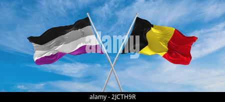 two crossed flags asexuality Pride and Switzerland waving in wind at ...