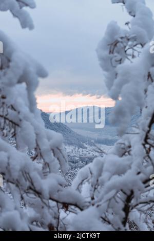 Brianza covered in fresh snow and fog in the early morning, near the ...