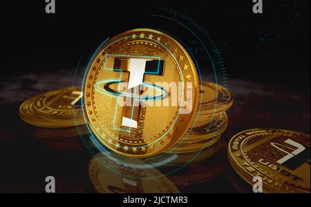 Tether USDT stablecoin cryptocurrency gold coin on green screen ...
