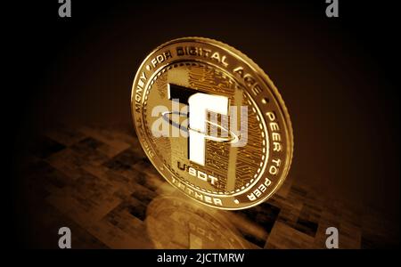 Tether USDT stablecoin cryptocurrency gold coin on green screen ...