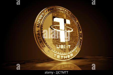 Tether USDT stablecoin cryptocurrency gold coin on green screen ...