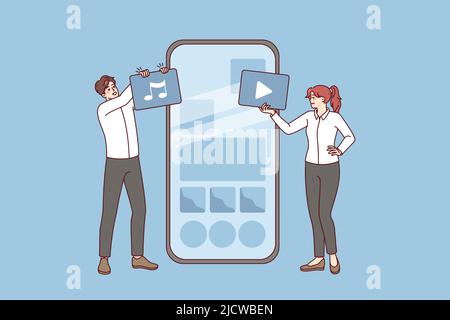 People working with widget on cellphone helping with application ...