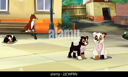 Funny and cute multi-colored puppies in the yard. Digital painting ...