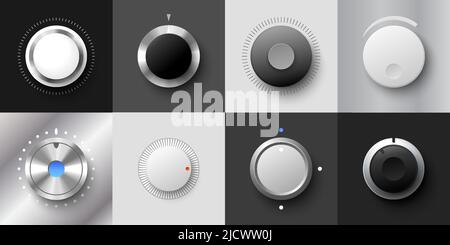 Realistic metal dashboard dial. Radio panel knobs. Round rotating ...