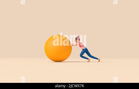 Female character pushing a large ball up a steep hill. Business ...