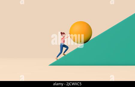 Female character pushing a large ball up a steep hill. Business ...