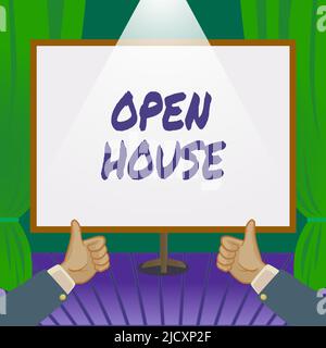 Hand writing sign Open House. Business concept you can come whatever ...