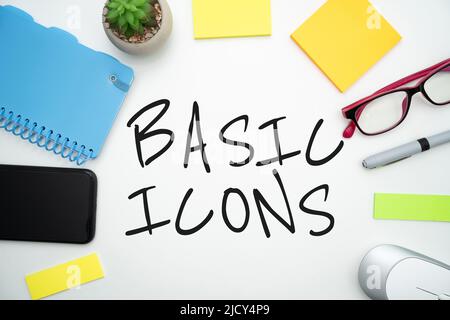 Conceptual caption Basic Icons, Word Written on pictogram or ideogram ...
