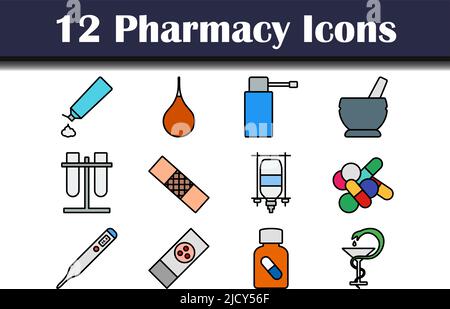 Pharmacy Icon Set. Editable Bold Outline With Color Fill Design. Vector ...