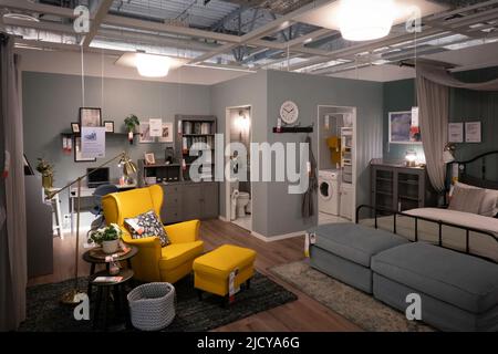 Interior view of bedroom inside IKEA Store. IKEA is Swedish-founded ...