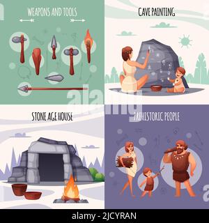 Prehistoric stone age people concept 4 flat compositions with caveman ...