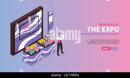 Isometric expo stand exhibition horizontal composition with text and ...