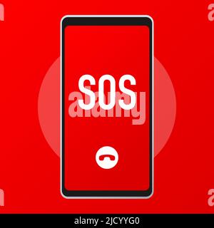 SOS lettering in a phone icon isolated on white background. Warning ...