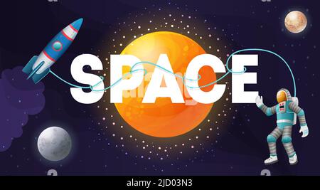 Space big white lettering composition with stars planets spacecraft and ...