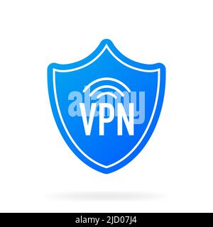 VPN flat blue secure badge on white background. Flat style characters ...
