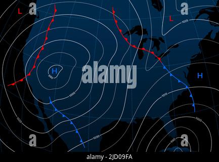 Forecast weather isobar map, meteorology wind front and temperature diagram, vector background ...