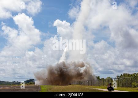 Two PAC-2 Patriot interceptor missiles are launched at a Kratos Defense ...