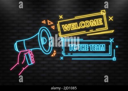 Neon Icon. Welcome to the team megaphone blue banner in 3D style on white background. Vector ...