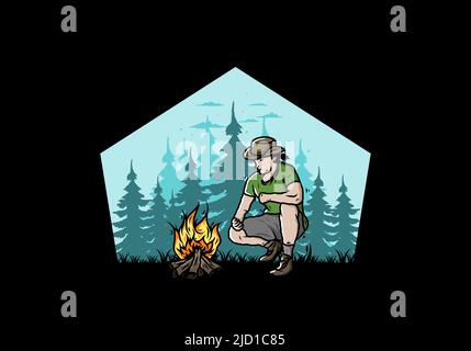 Illustration design of a man is lighting a bonfire Stock Vector Image ...